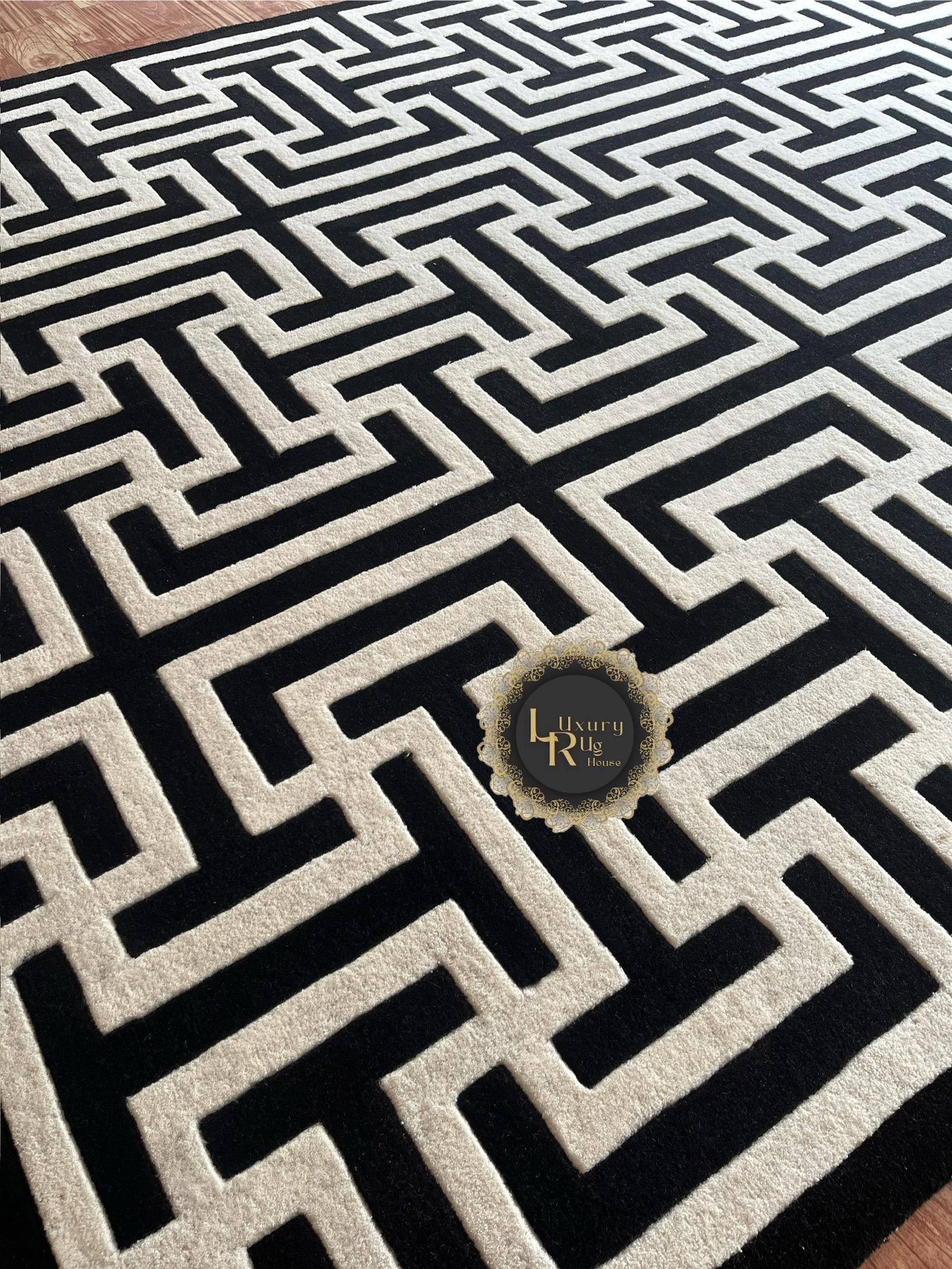 Hand-tufted Maze Pattern Rug: Black & Ivory Geometric Area Rug - Etsy