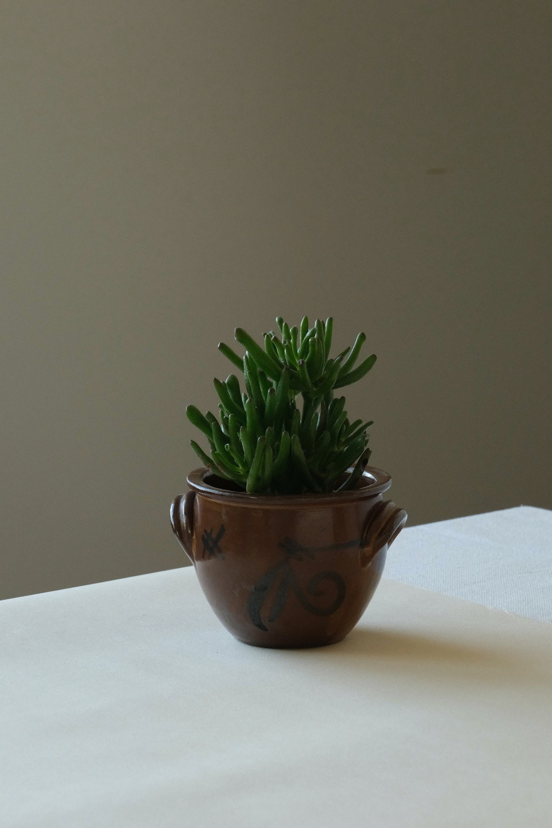 Vintage Brown Rustic Ceramic Planter With Folk Art Motif | Cottage ...