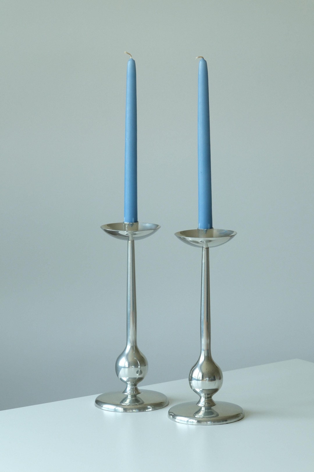 MCM Style Silver Color Metal Candlestick Pair of 2 Modernist Candle ...