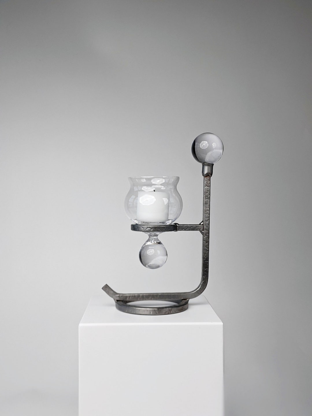 Modernist Metal Candle Holder | Glass Sphere and Forged Iron MCM Style ...