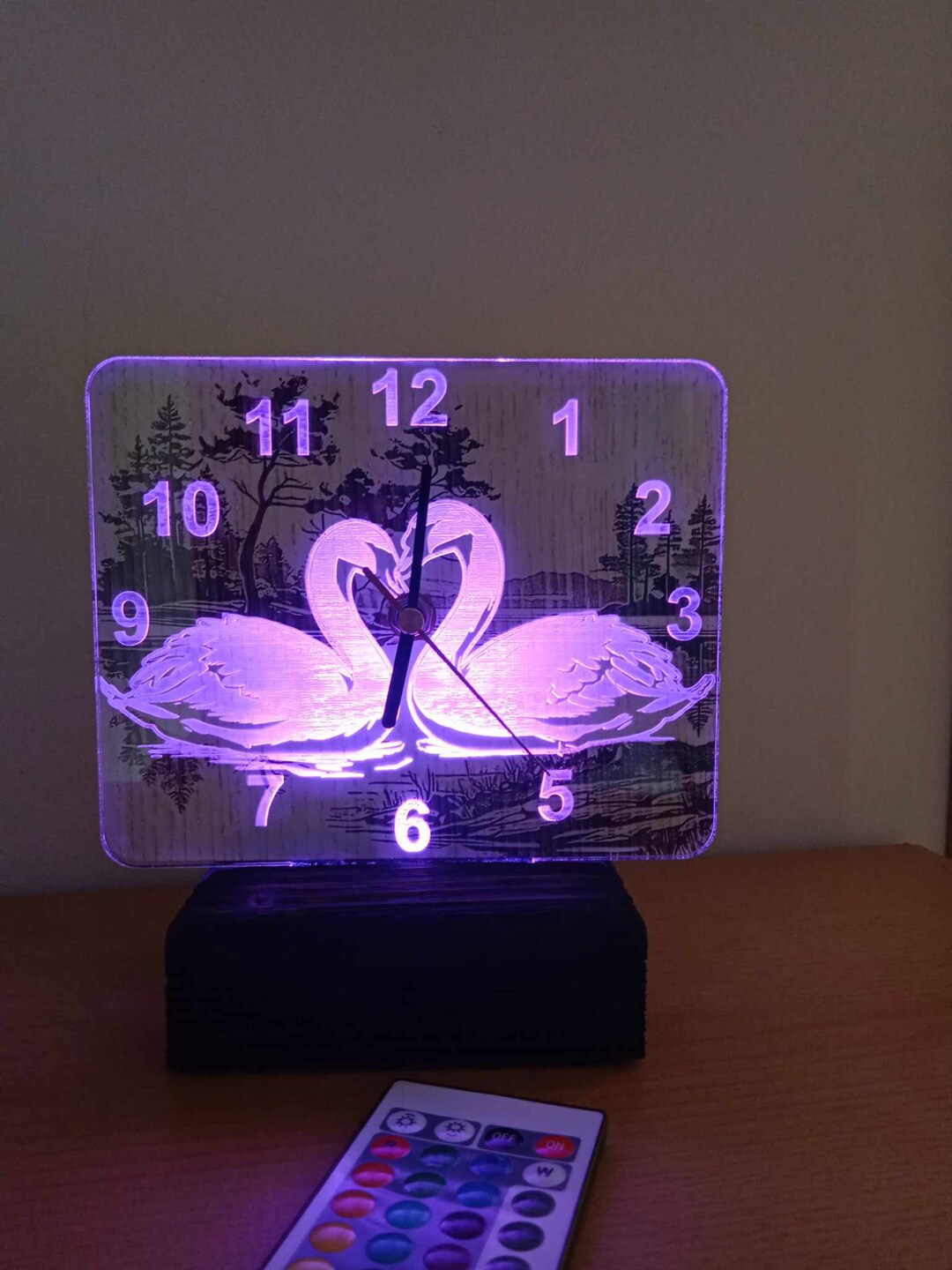 Swans Clock With Light. Pair of Swans LED Lamp With Remote Control ...