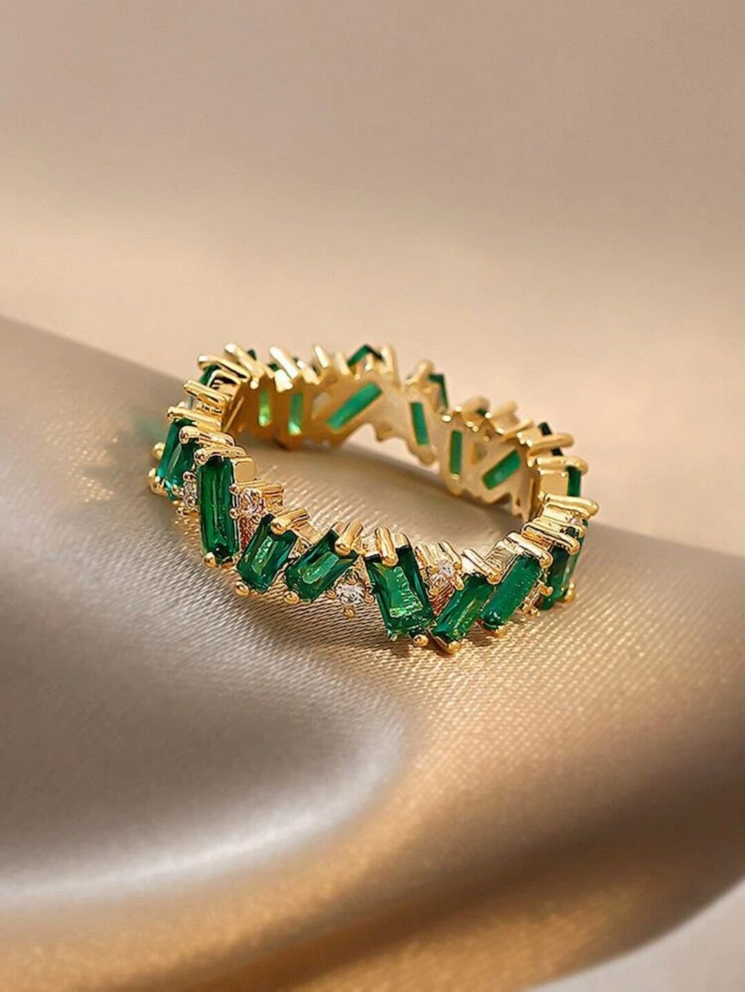 Emerald Baguettes 10K Gold Eternity Wedding Band, Simulated Emerald ...