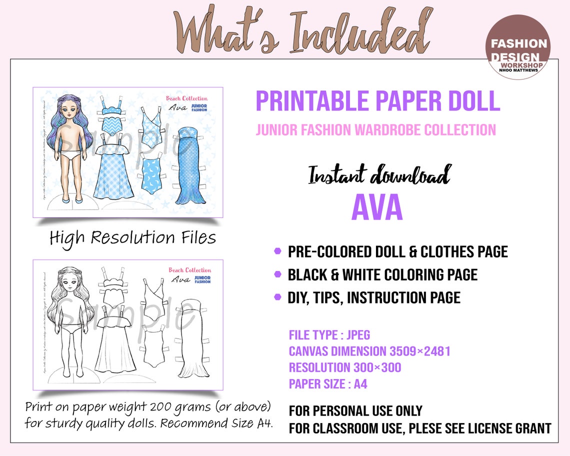 Ava Blue Mermaid Printable Paper Doll With Coloring Page for - Etsy