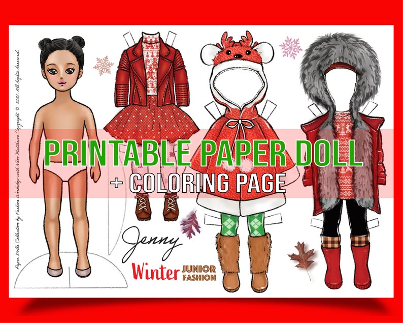 JENNY Winter Holiday Fashion Printable Paper Doll With Coloring Page ...