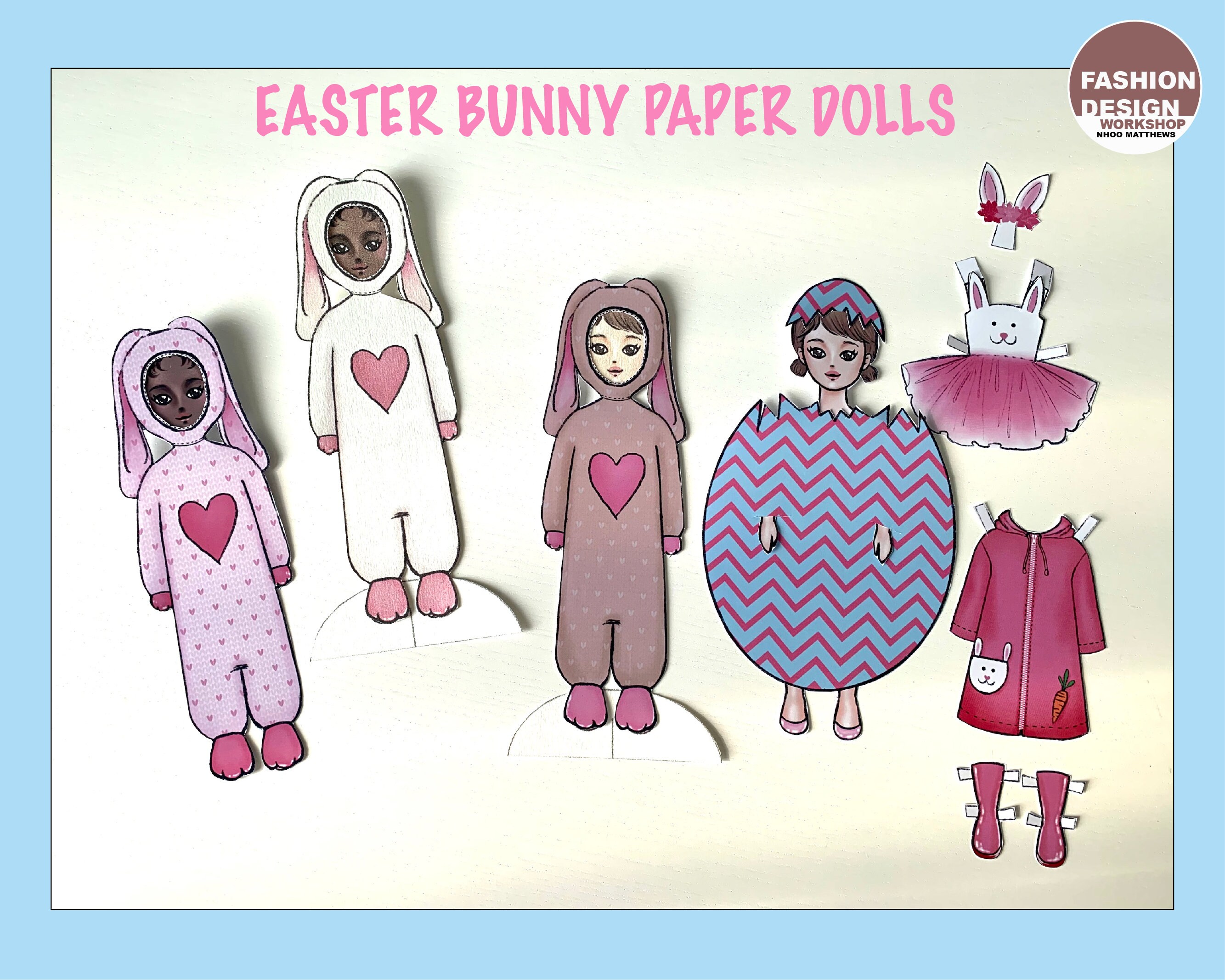 EASTER BUNNY Printable Paper Doll dark Skin With Coloring - Etsy