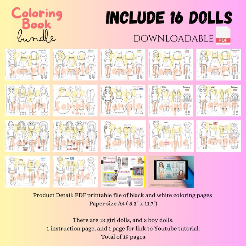 Bundle Coloring Book of 16 Paper Dolls Boys and Girls With Clothes. D.I ...