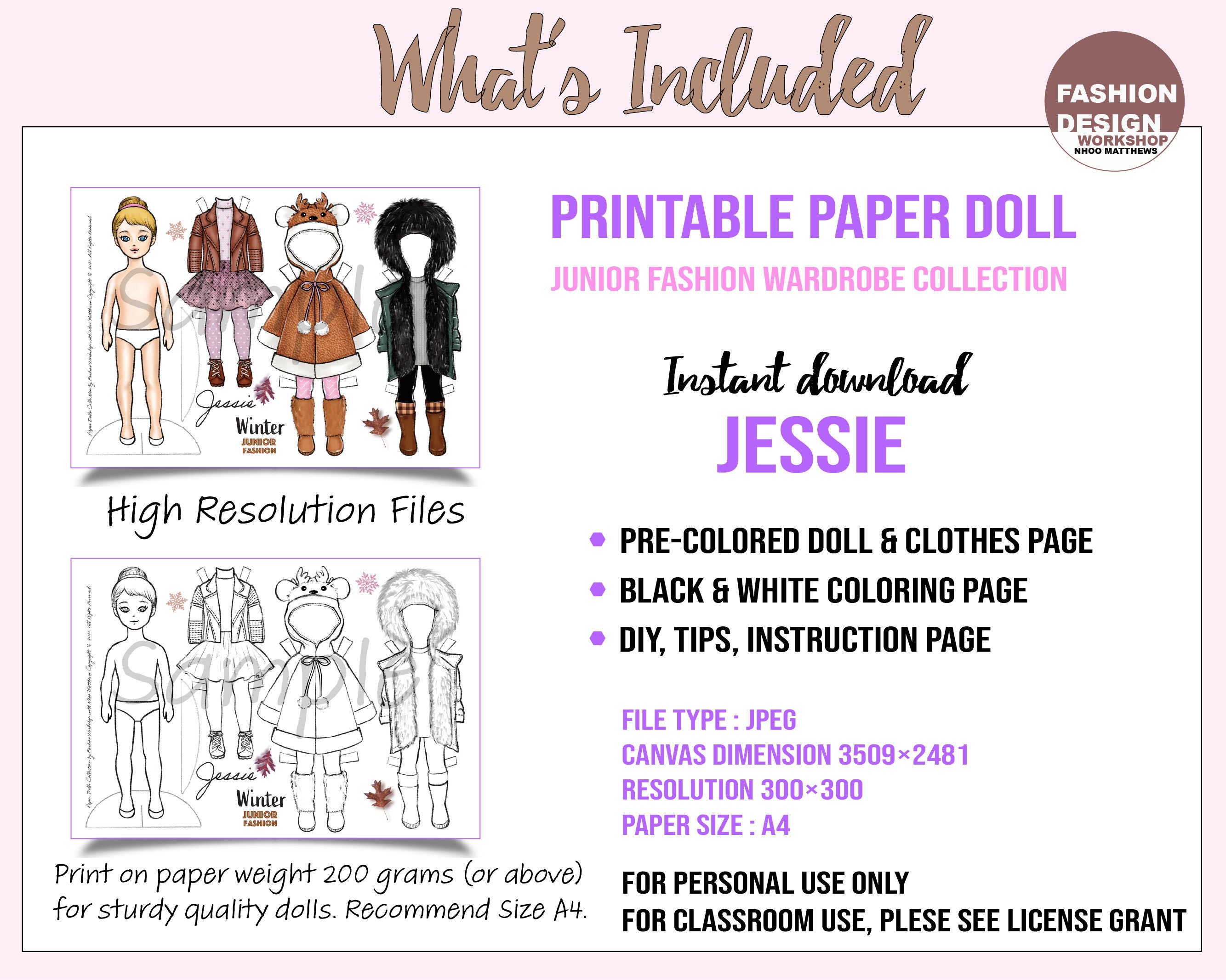 JESSIE Winter Holiday Fashion Printable Paper Doll With Coloring Page ...