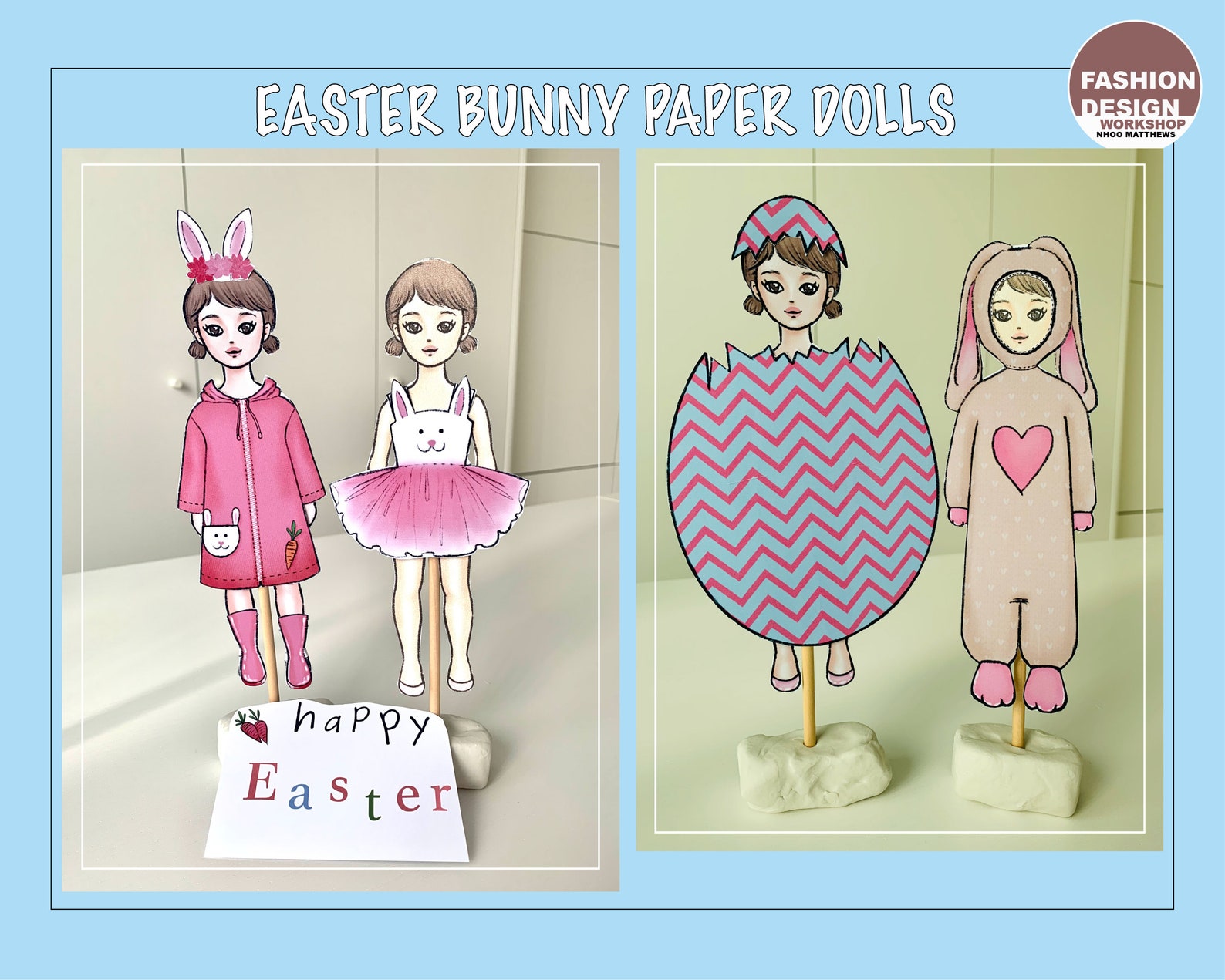 EASTER BUNNY Printable Paper Doll dark Skin With Coloring - Etsy