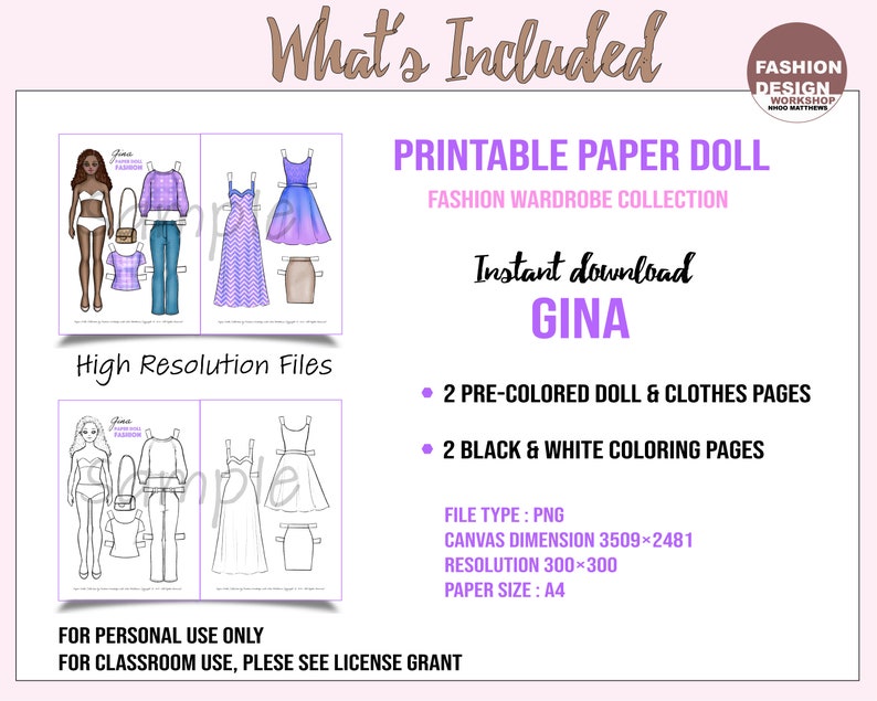 Gina Paper Doll: Fashion Coloring Pages, Mother Daughter DIY (printable ...