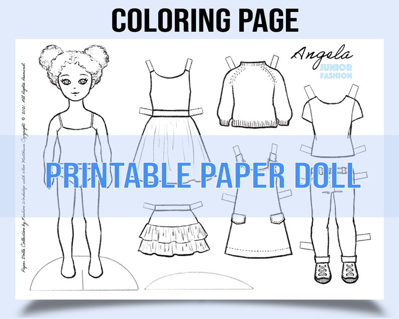 Coloring Page angela Printable Paper Doll Black & White Page, DIY Art ...