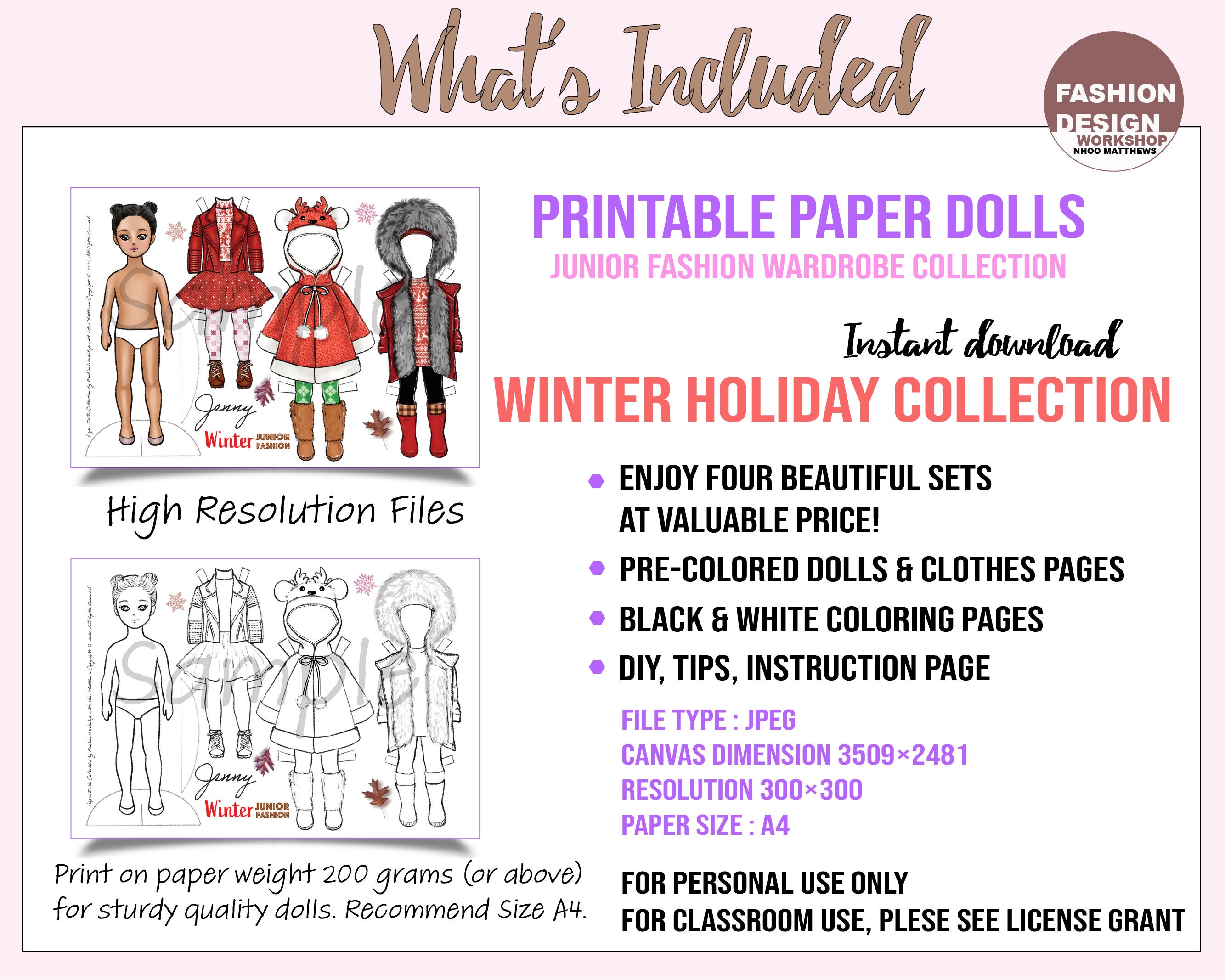WINTER HOLIDAY 4 Sets Bundle Printable Paper Dolls With Coloring Pages ...