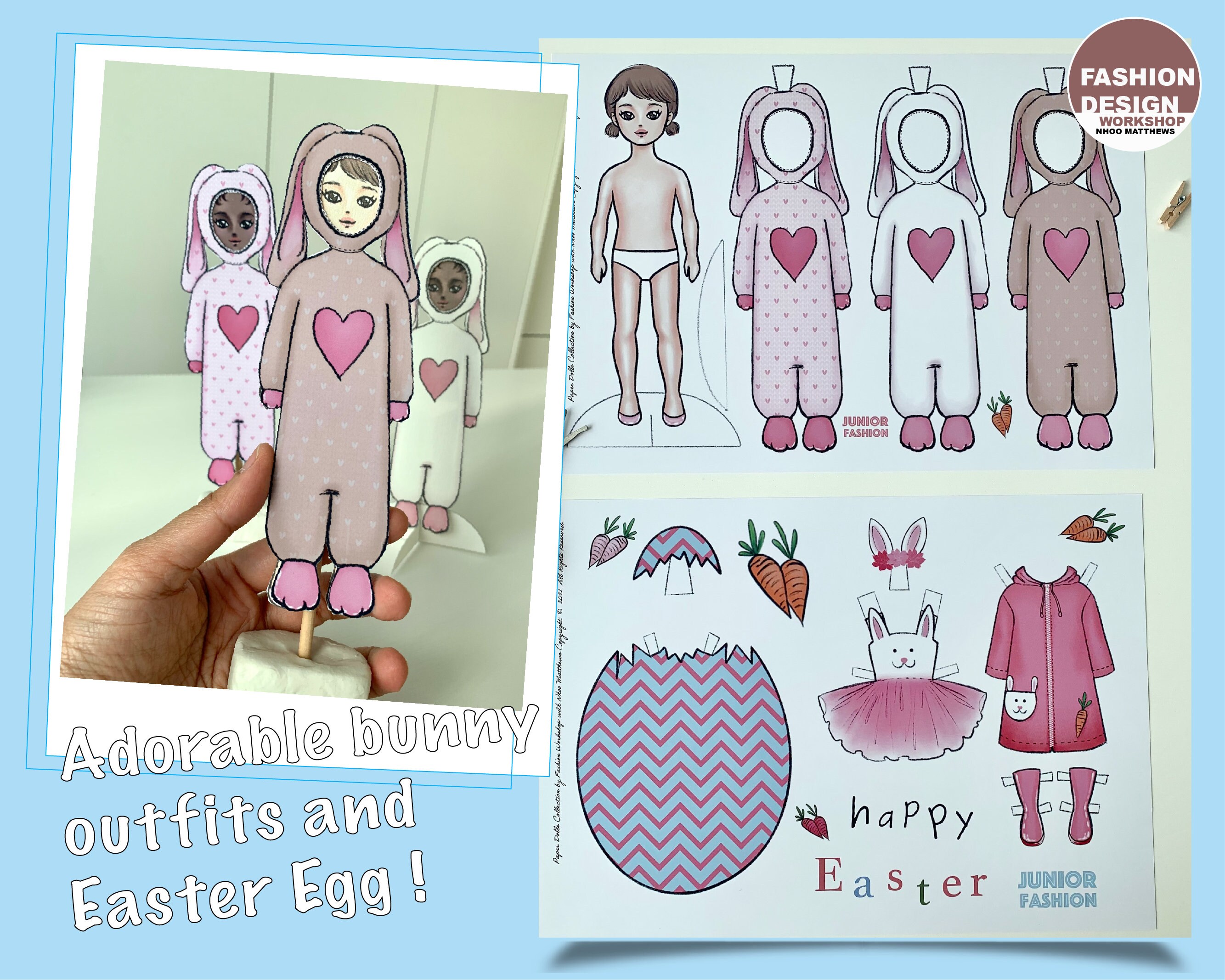 EASTER BUNNY Printable Paper Doll dark Skin With Coloring - Etsy