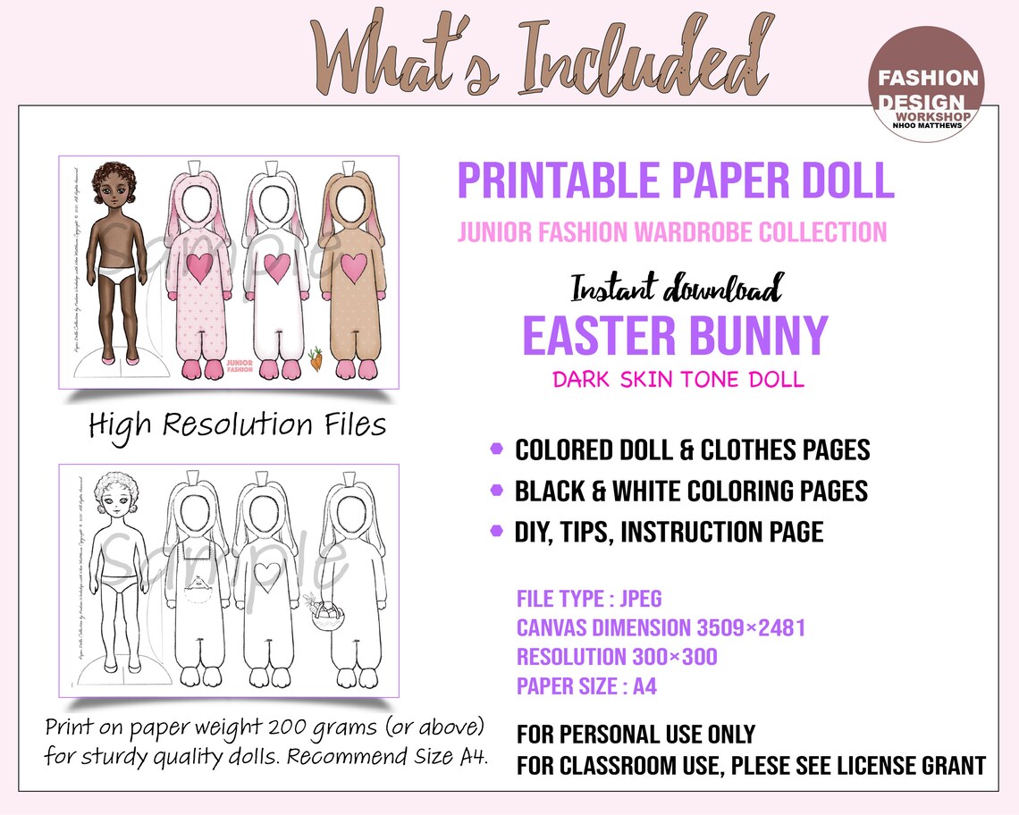 EASTER BUNNY Printable Paper Doll dark Skin With Coloring - Etsy