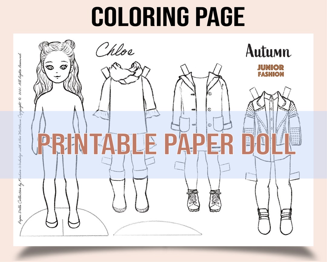 Coloring Page "chloe" Autumn Printable Paper Doll Black & White Page ...