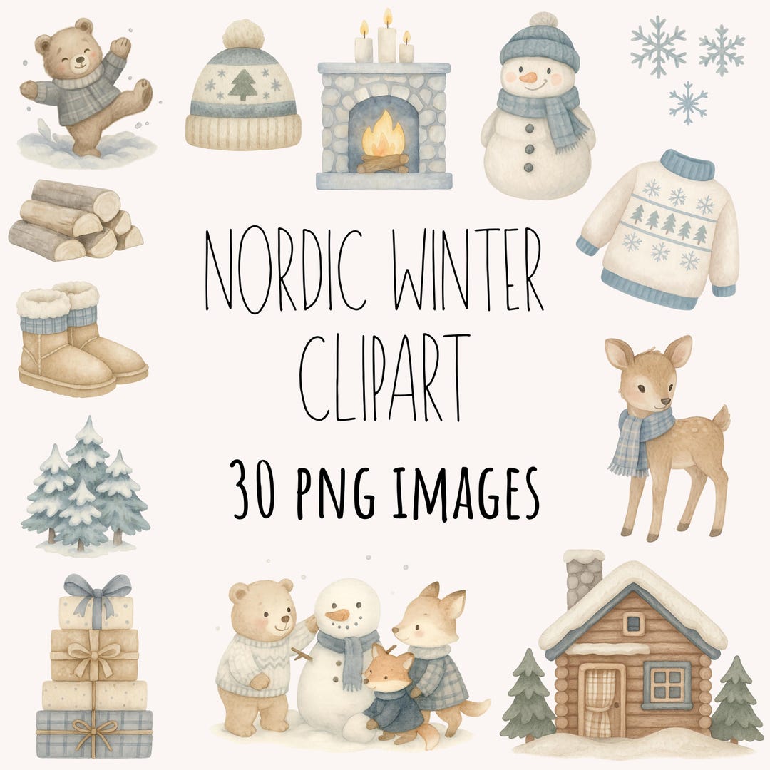Watercolor Winter Clipart, Woodland Animals, Snow Cabin, Cozy Clipart ...