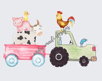Farm Animal Pink Tractor PNG Cow Pig Chicken PNG Farm Tractor Animals ...