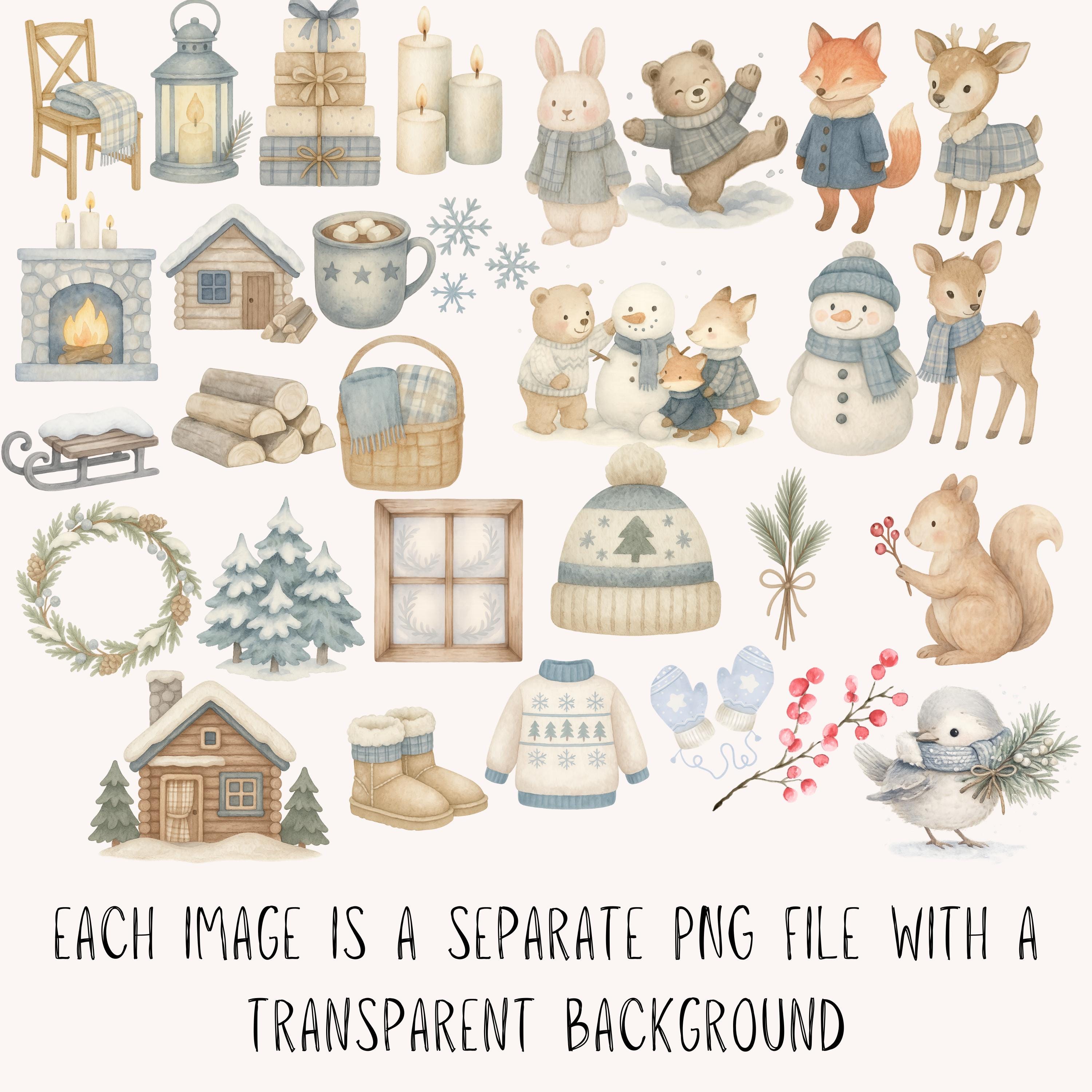 Watercolor Winter Clipart, Woodland Animals, Snow Cabin, Cozy Clipart ...