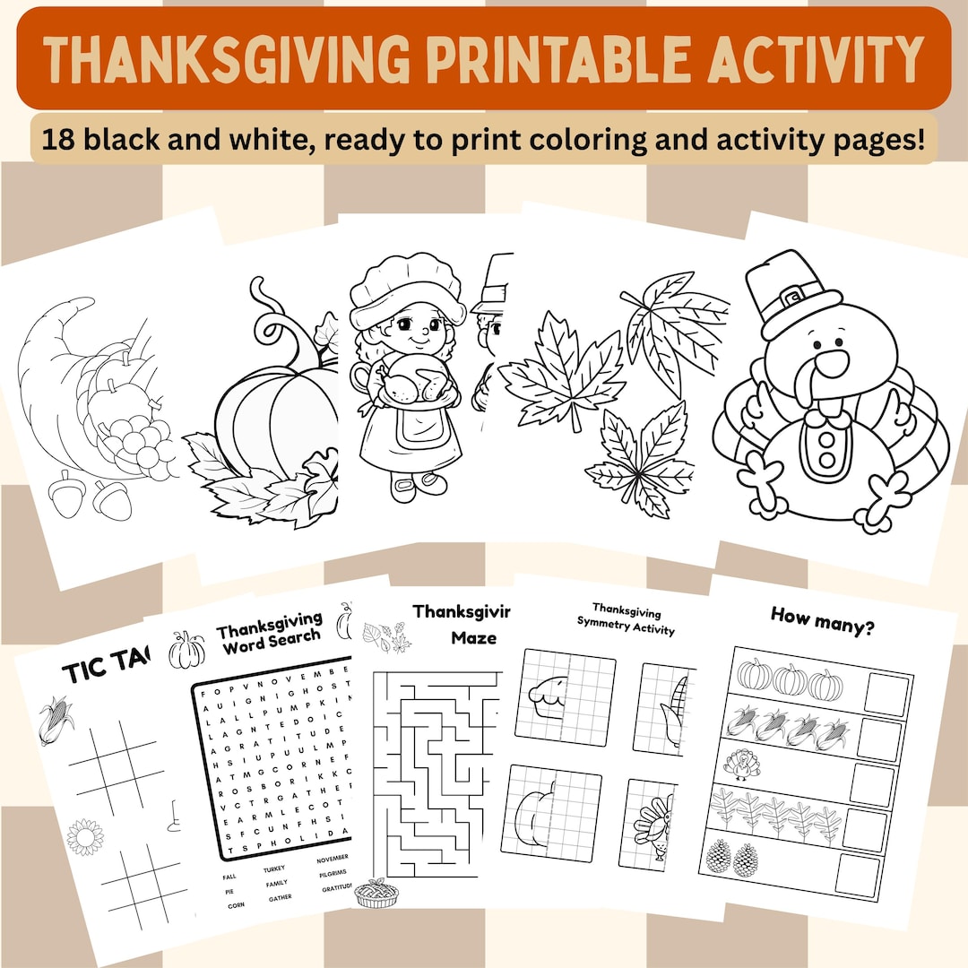 Thanksgiving Activity Pack, Printable Black and White Kids Activities ...