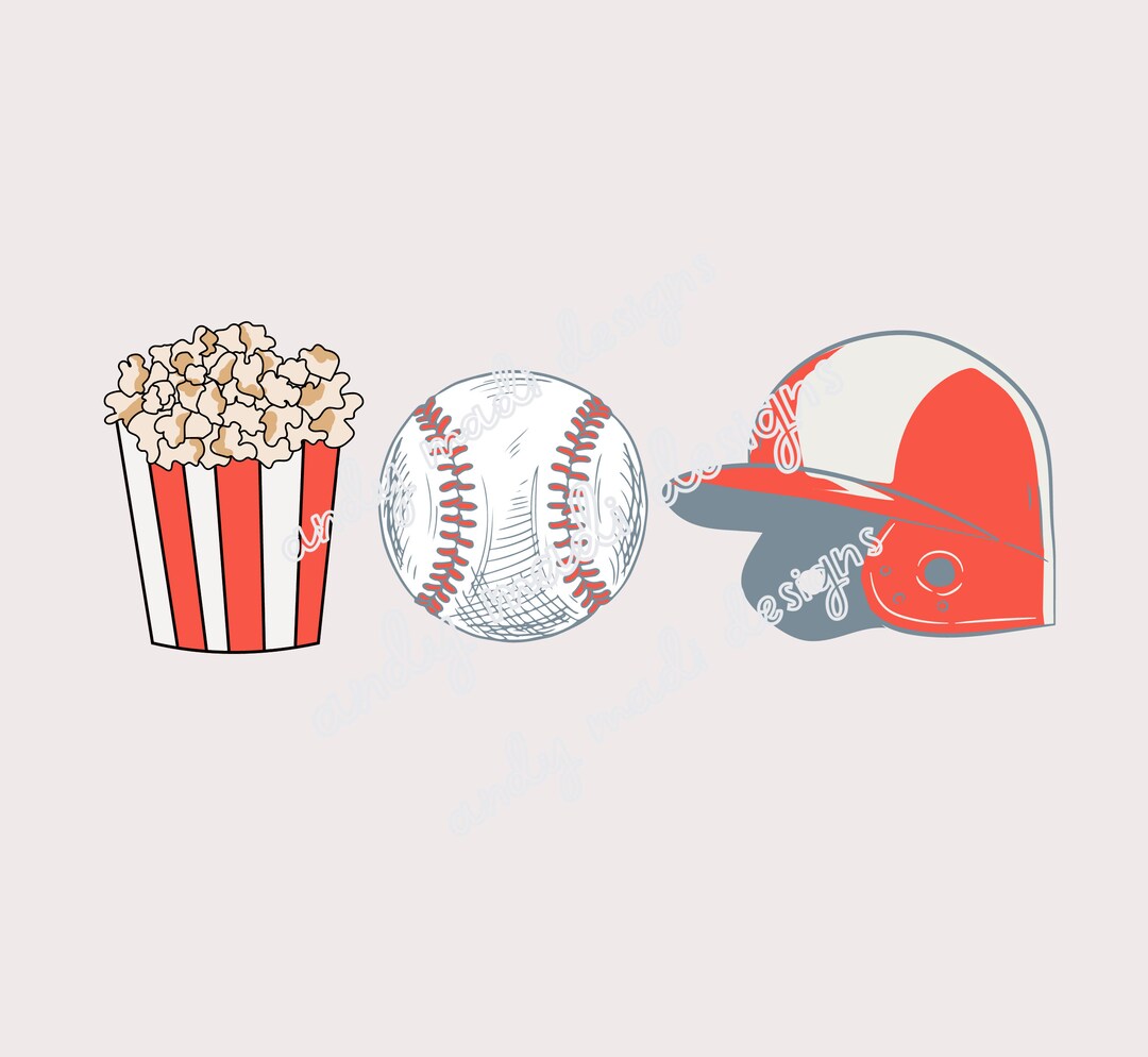Baseball Trio PNG / Popcorn, Baseball, Helmet Design for Kids / Digital ...