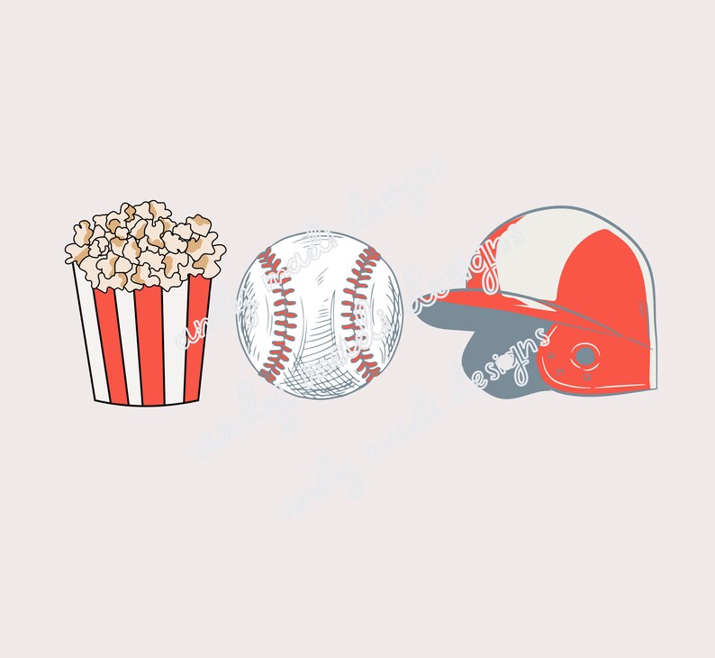 Baseball Trio PNG / Popcorn, Baseball, Helmet Design for Kids / Digital ...