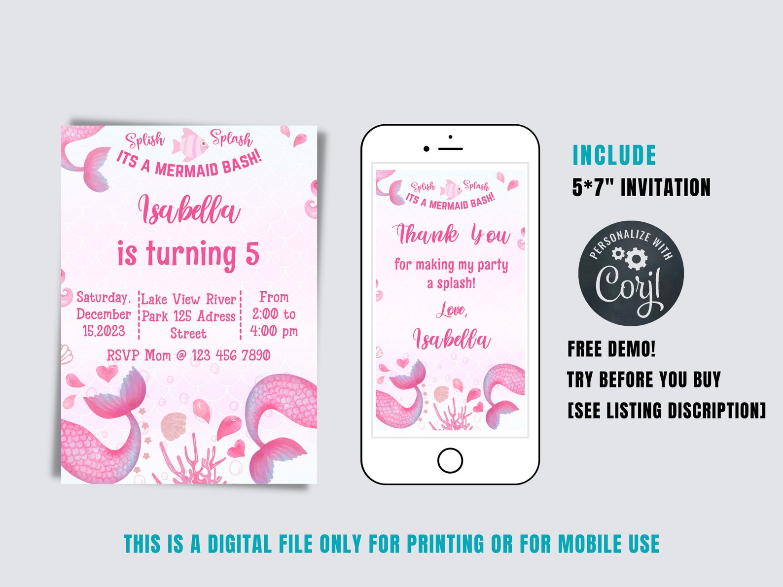 Editable Mermaid Birthday Invitation, Printable Mermaid Invitation ...