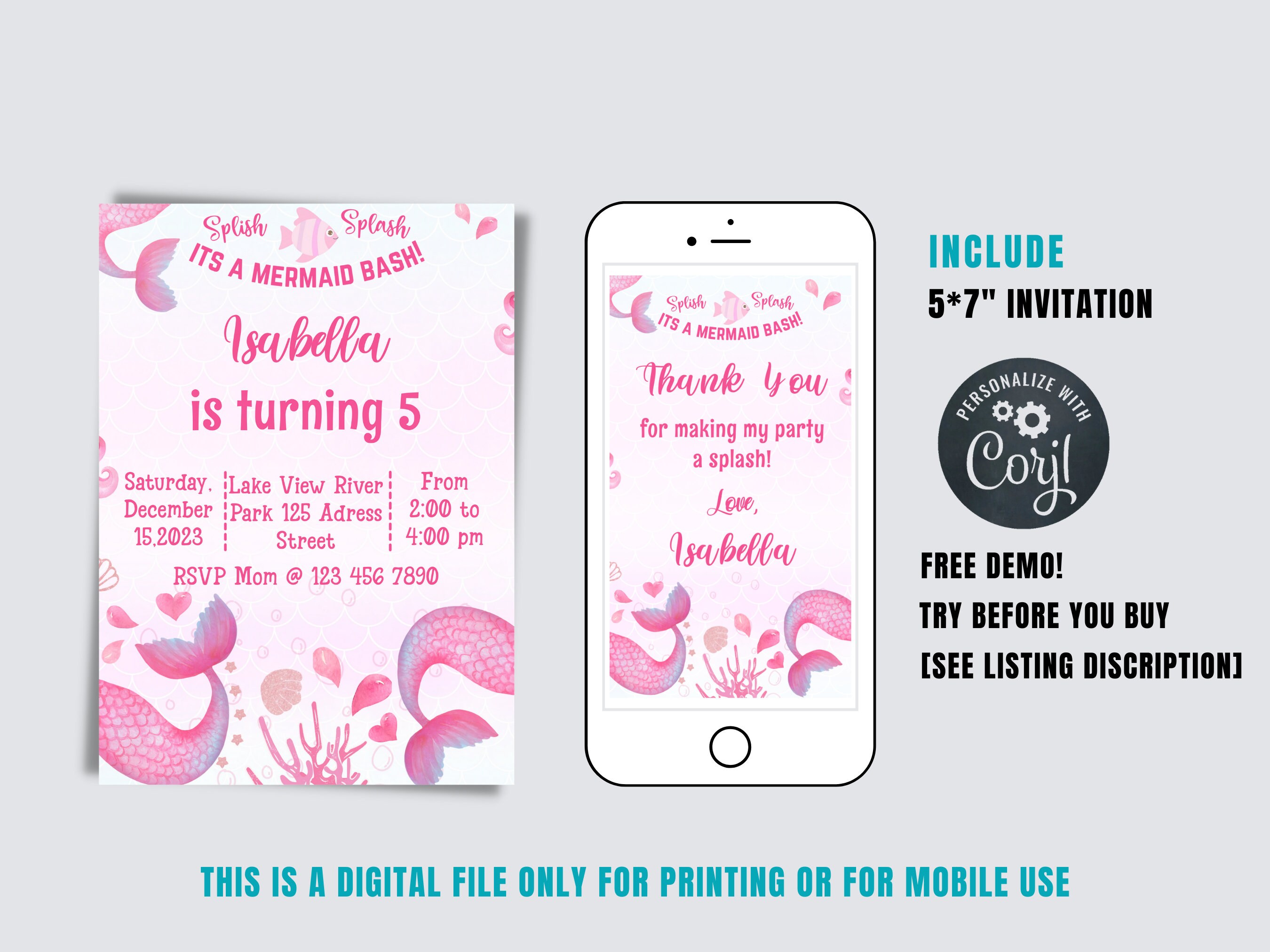 Editable Mermaid Birthday Invitation, Printable Mermaid Invitation ...
