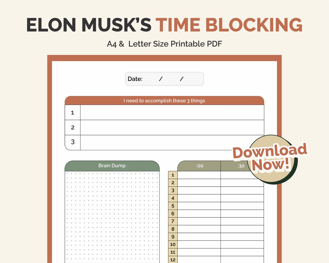 Elon Musk's Time Blocking Planner, Printable Brain Dump 3 Main Goals ...