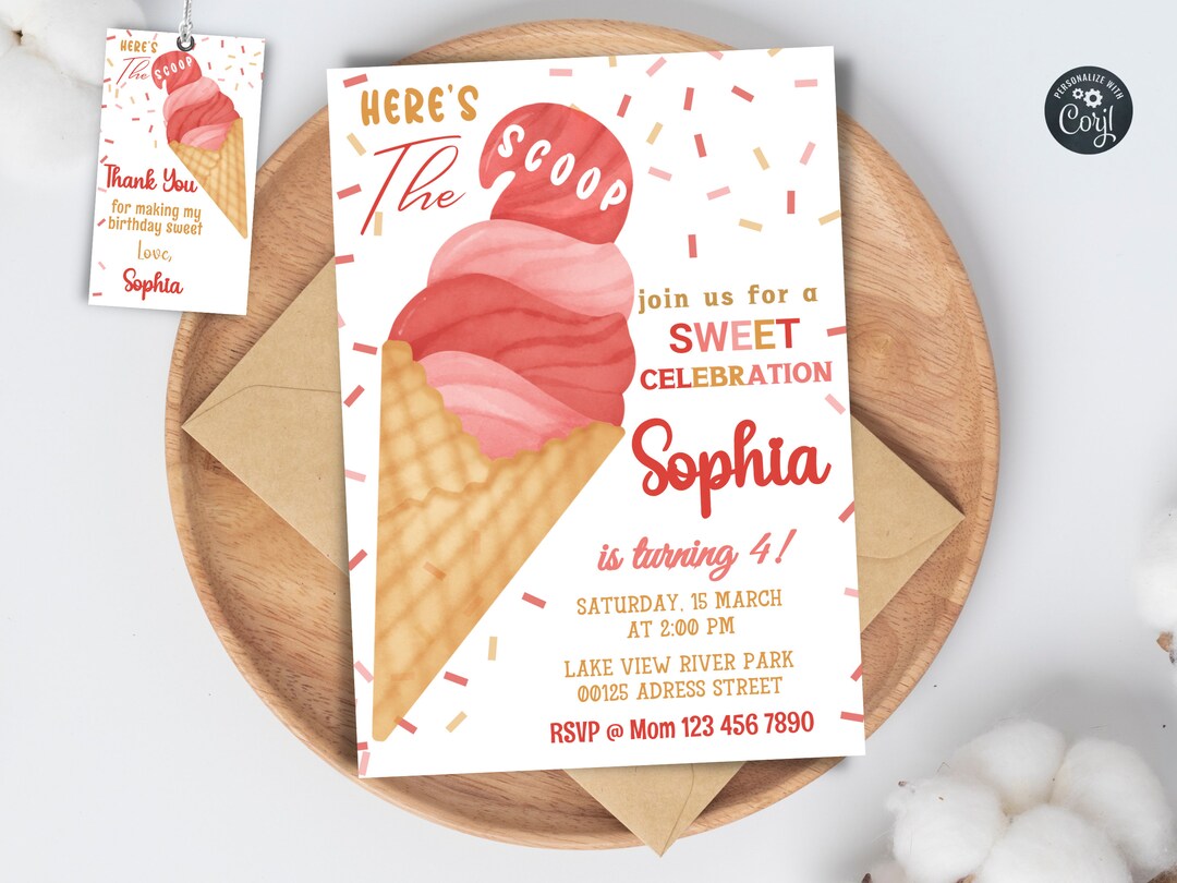 Editable Ice Cream Birthday Invitation, Ice Cream Party Invitation, 4th ...