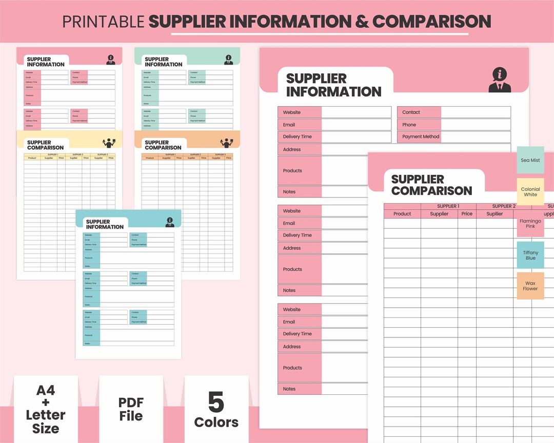 Printable Supplier Information Tracking Sheet, Digital Small Business ...