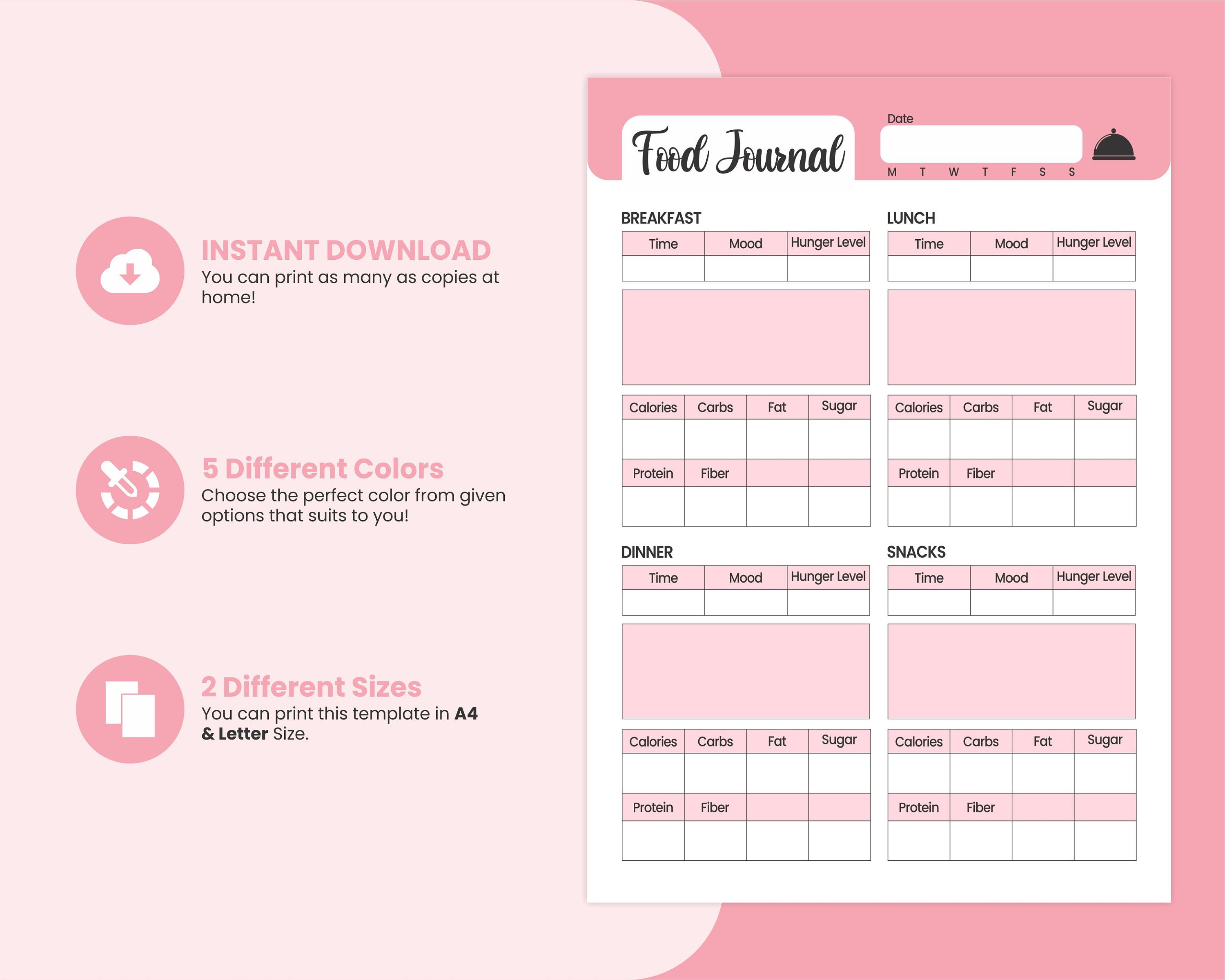 Printable Daily Food Journal, Colorful Meal Planner PDF Template ...