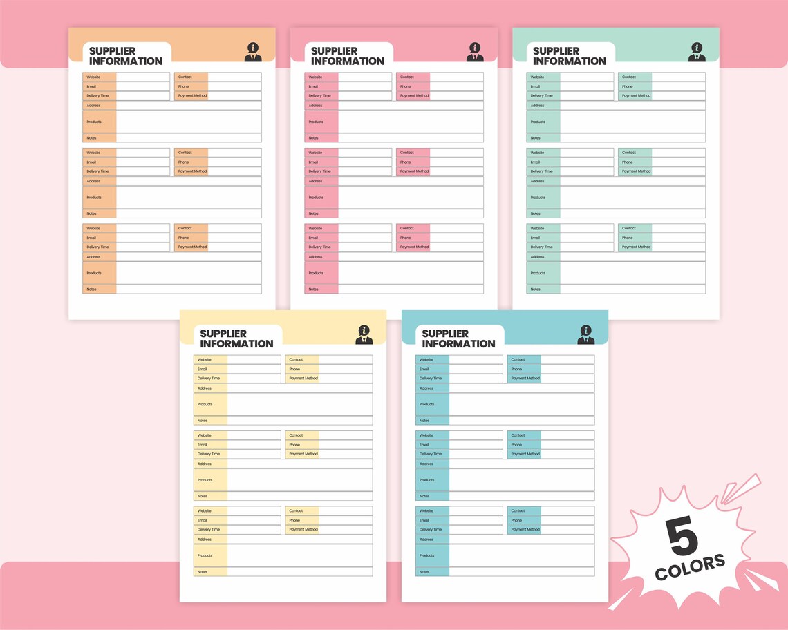 Printable Supplier Information Tracking Sheet, Digital Small Business ...