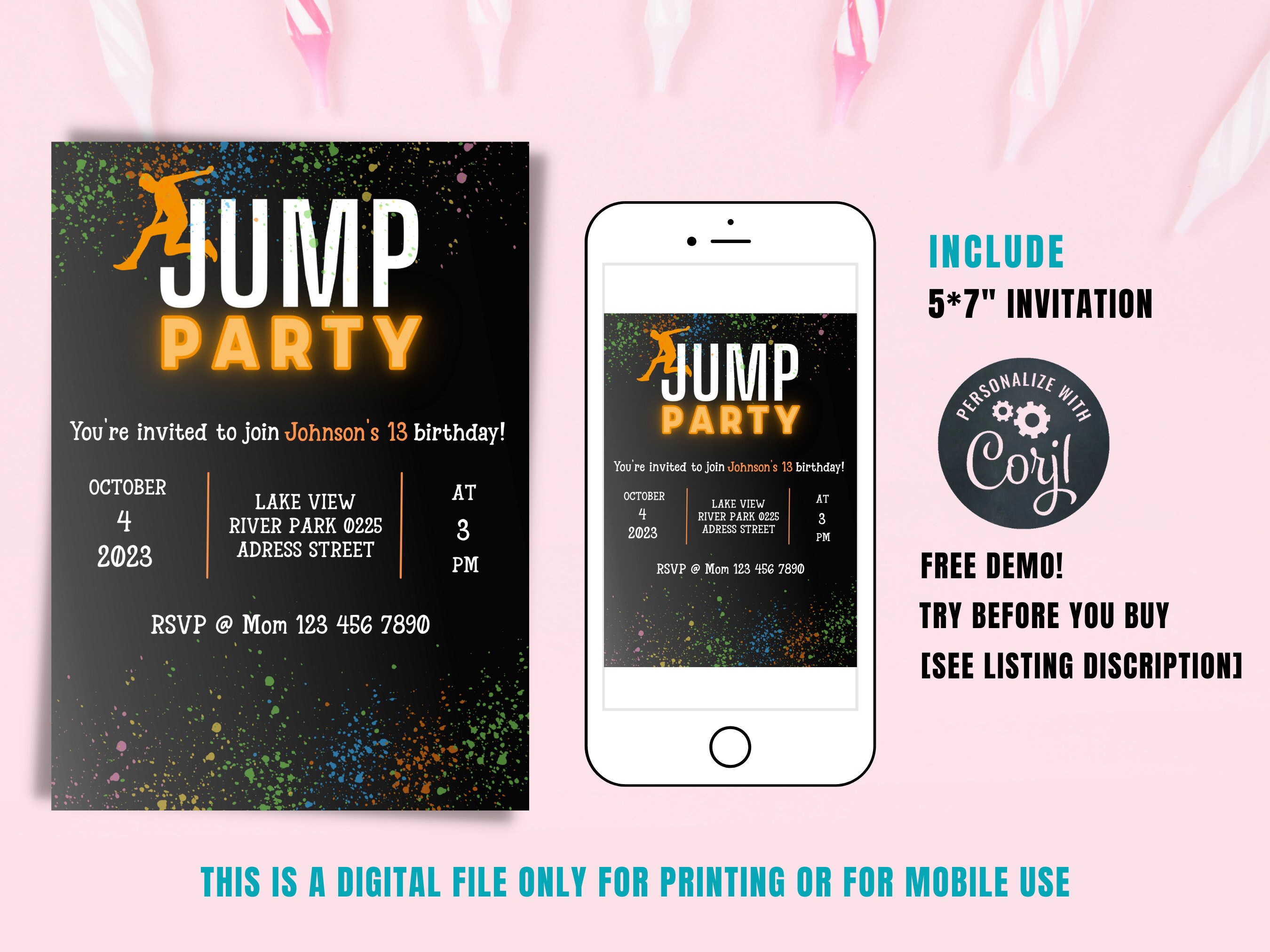 Trampoline Park Birthday Invitation, Trampoline Party, Jump Birthday ...