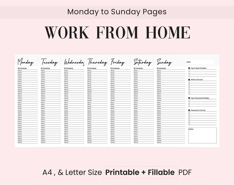 Printable Daily Work From Home Fillable Pdf Form, Monday to Sunday ...