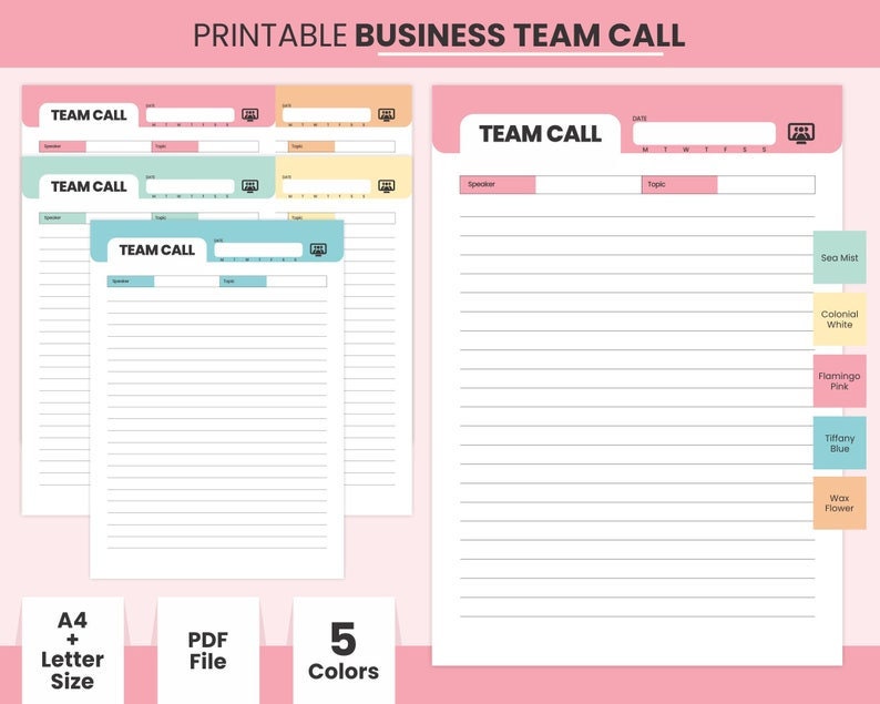 Printable Business Team Call Sheets Digital Zoom & Google Meeting Call ...