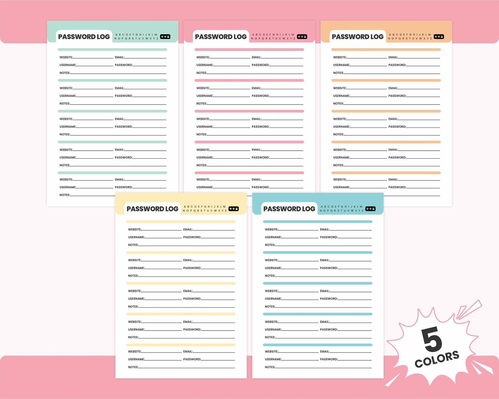 Printable Password Logbook, A4 Password Organizing Sheets, 5 Colors ...