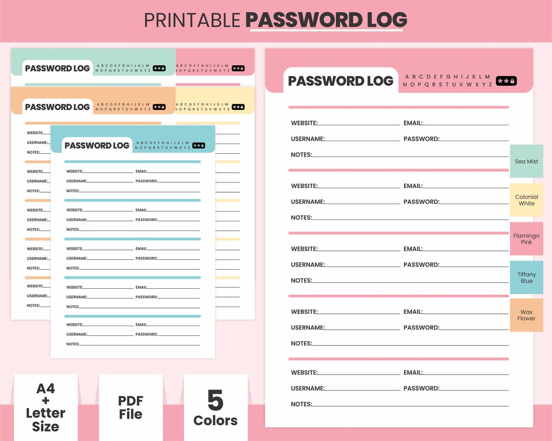 Printable Password Logbook, A4 Password Organizing Sheets, 5 Colors ...