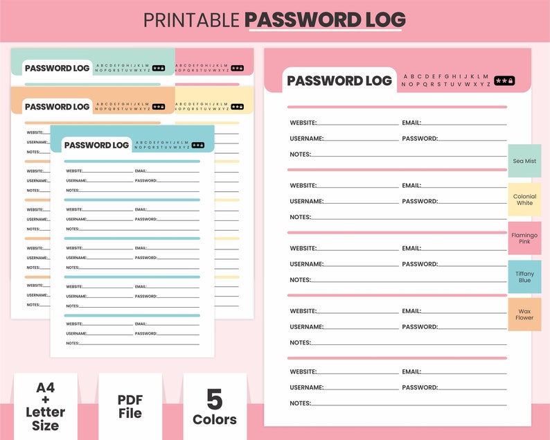 Printable Password Logbook, A4 Password Organizing Sheets, 5 Colors ...