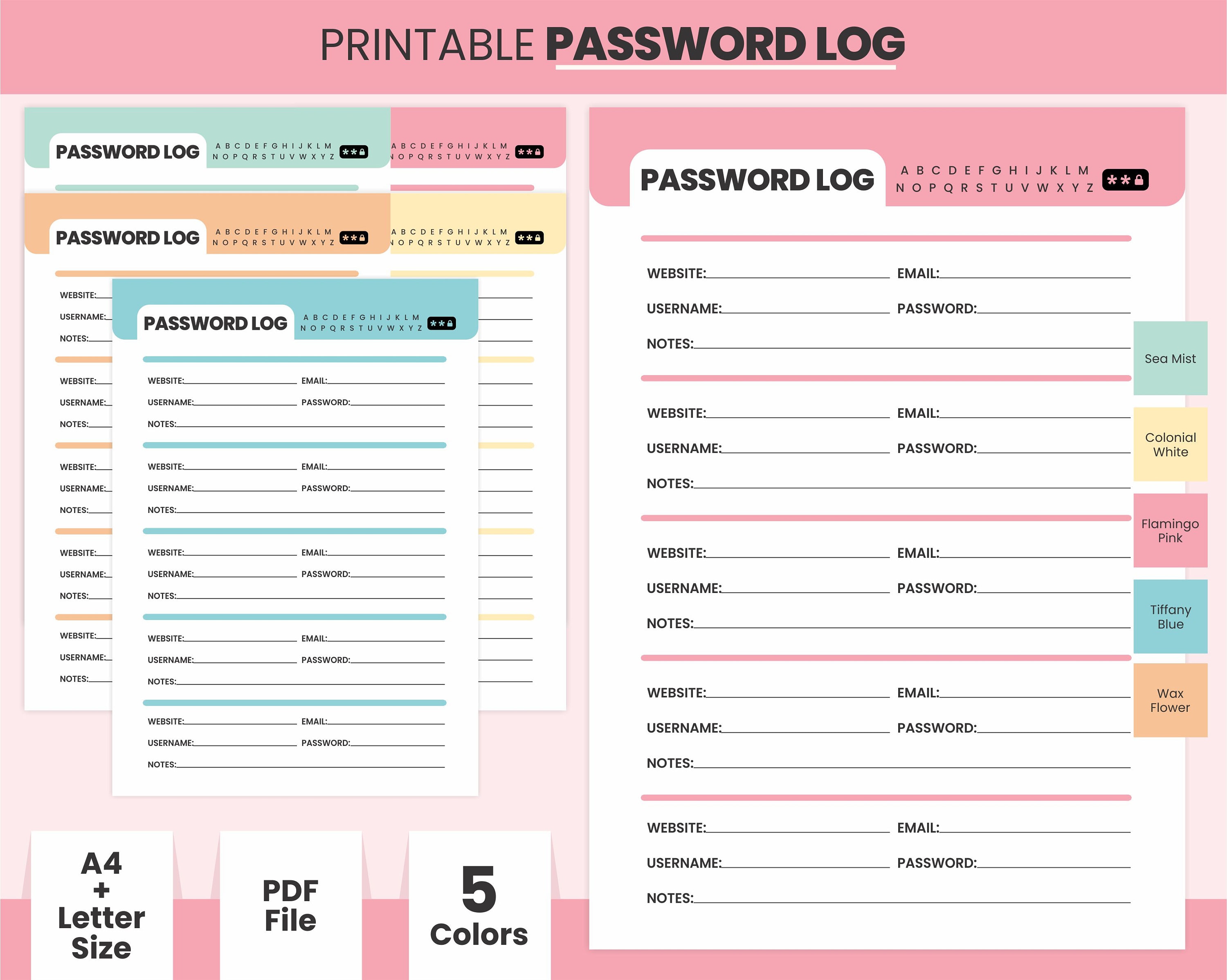 Printable Password Logbook, A4 Password Organizing Sheets, 5 Colors ...