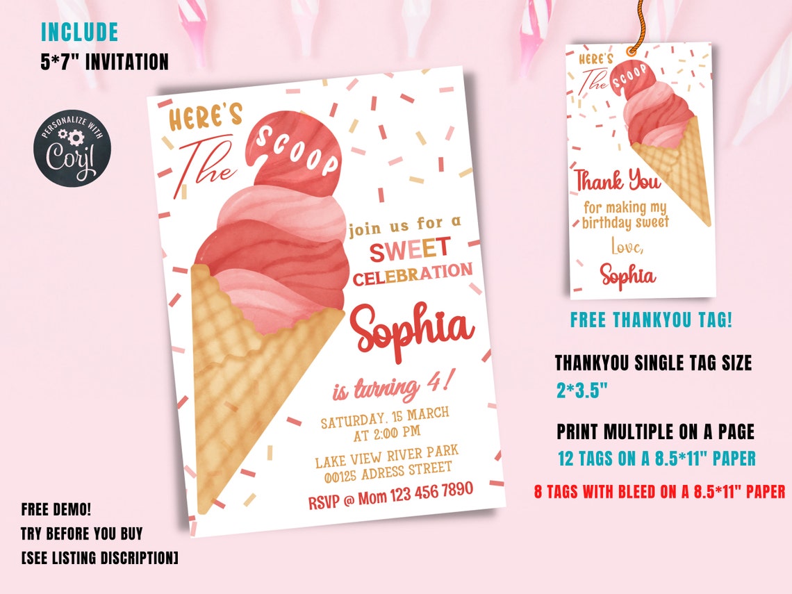 Editable Ice Cream Birthday Invitation, Ice Cream Party Invitation, 4th ...