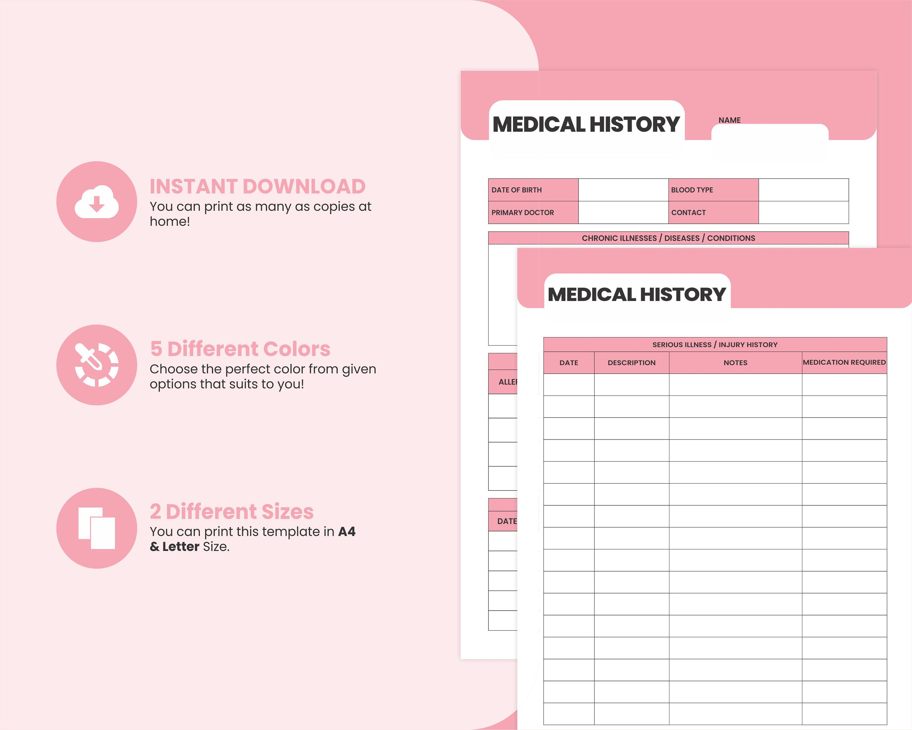 Printable A4 Medical History Form Template, Health Binder, Medical ...