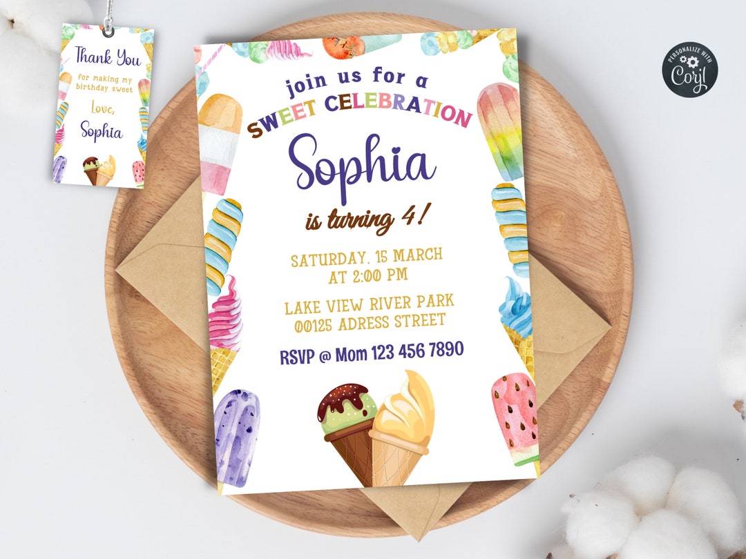 Editable Ice Cream Birthday Invitation, Ice Cream Party Invitation, 4th ...