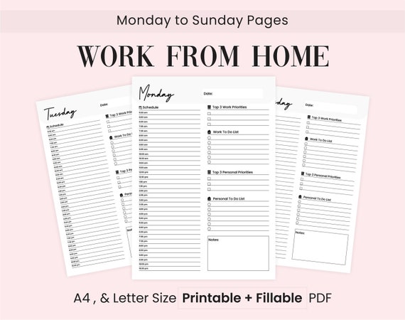 Printable Daily Work From Home Fillable Pdf Form Monday to - Etsy