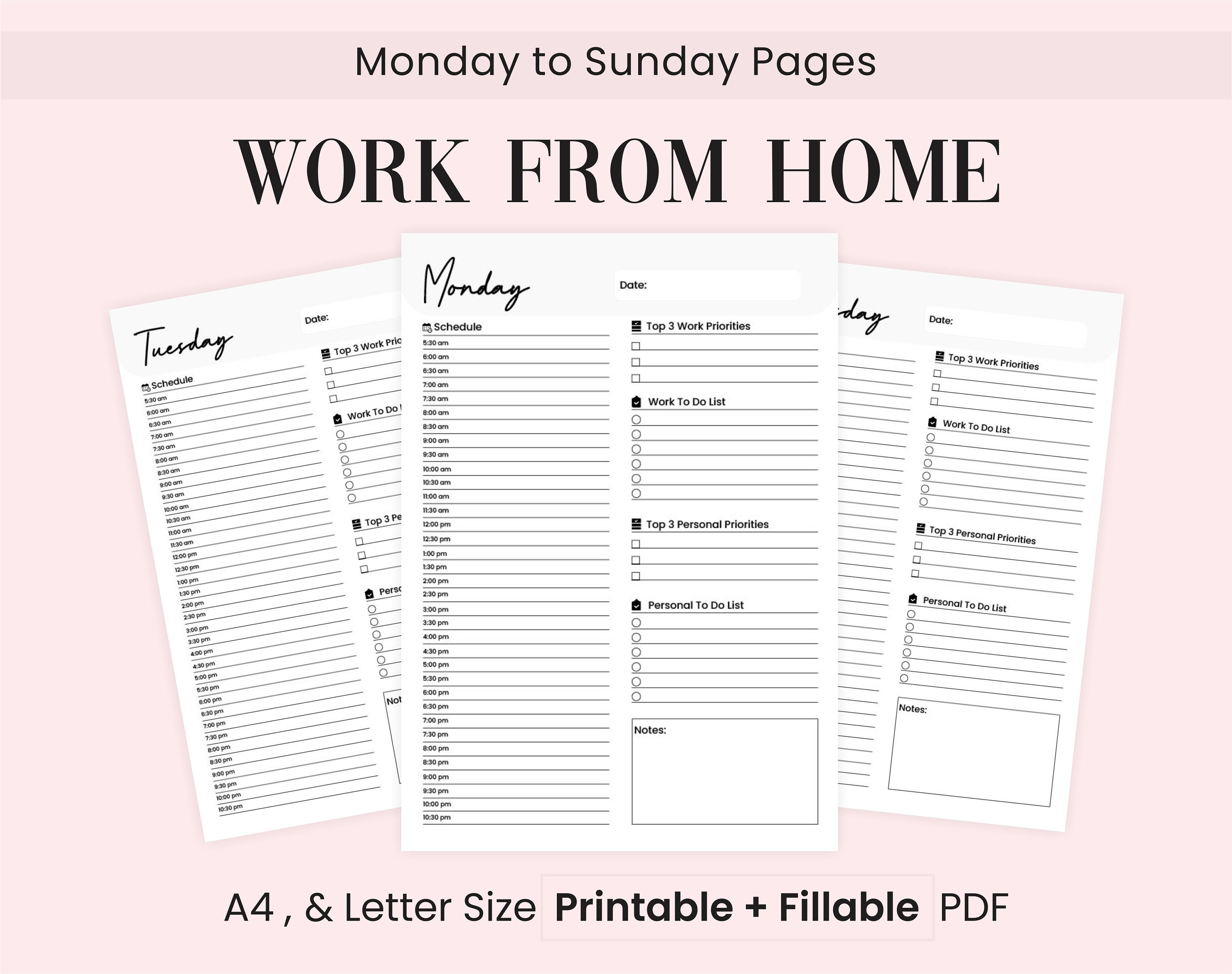 Printable Daily Work From Home Fillable Pdf Form, Monday to Sunday ...