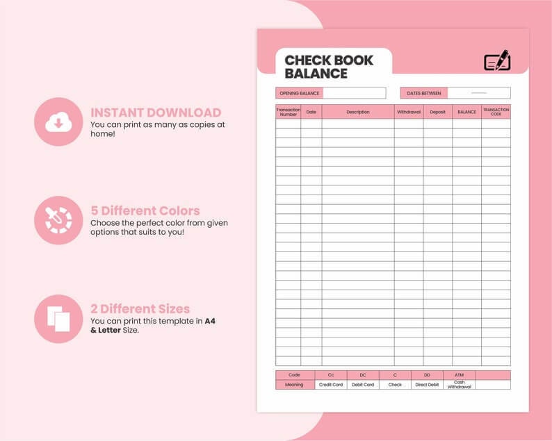 Printable Daily Check Book Balance Sheet Income & Expense Log Page A4 ...
