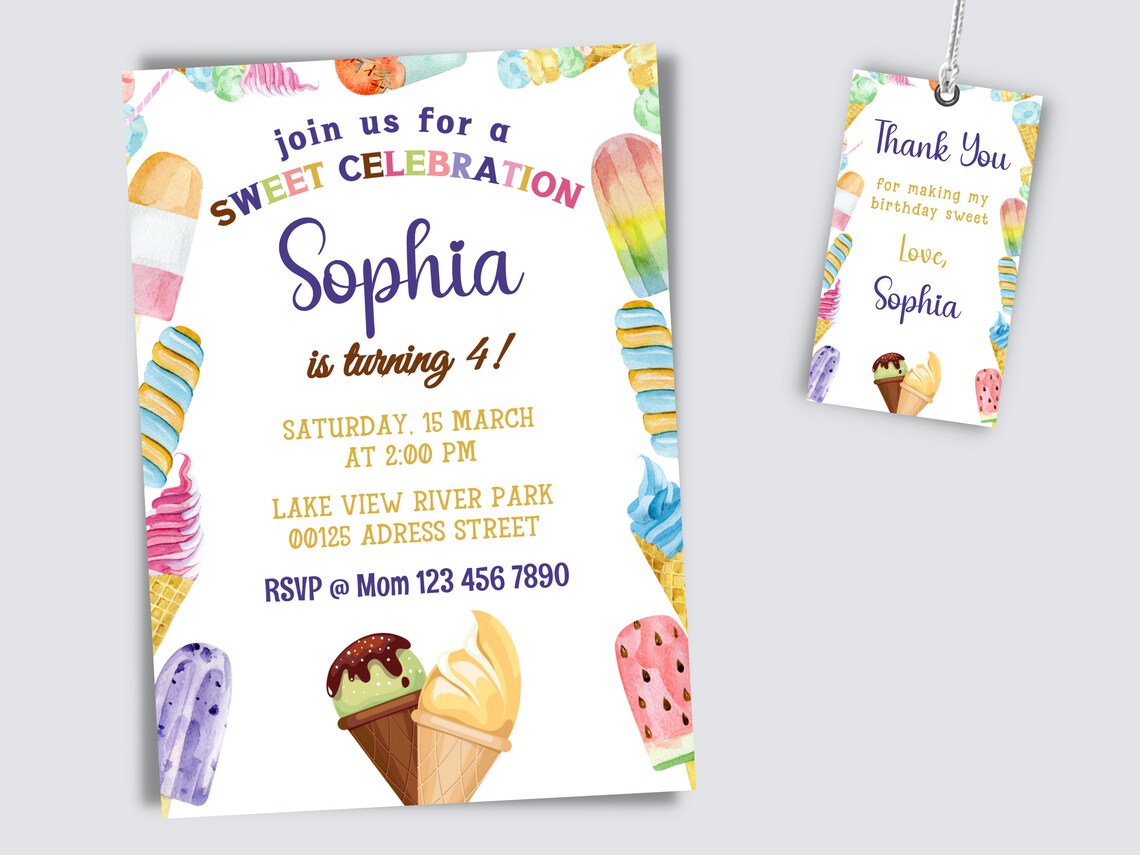 Editable Ice Cream Birthday Invitation, Ice Cream Party Invitation, 4th ...
