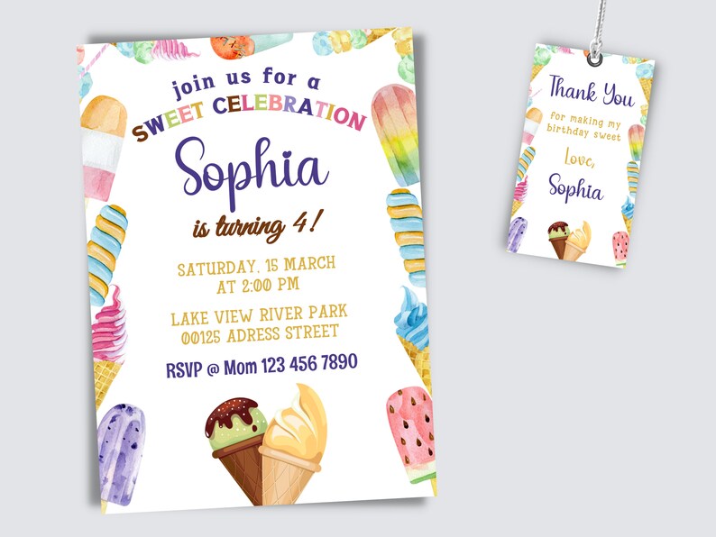 Editable Ice Cream Birthday Invitation, Ice Cream Party Invitation, 4th ...