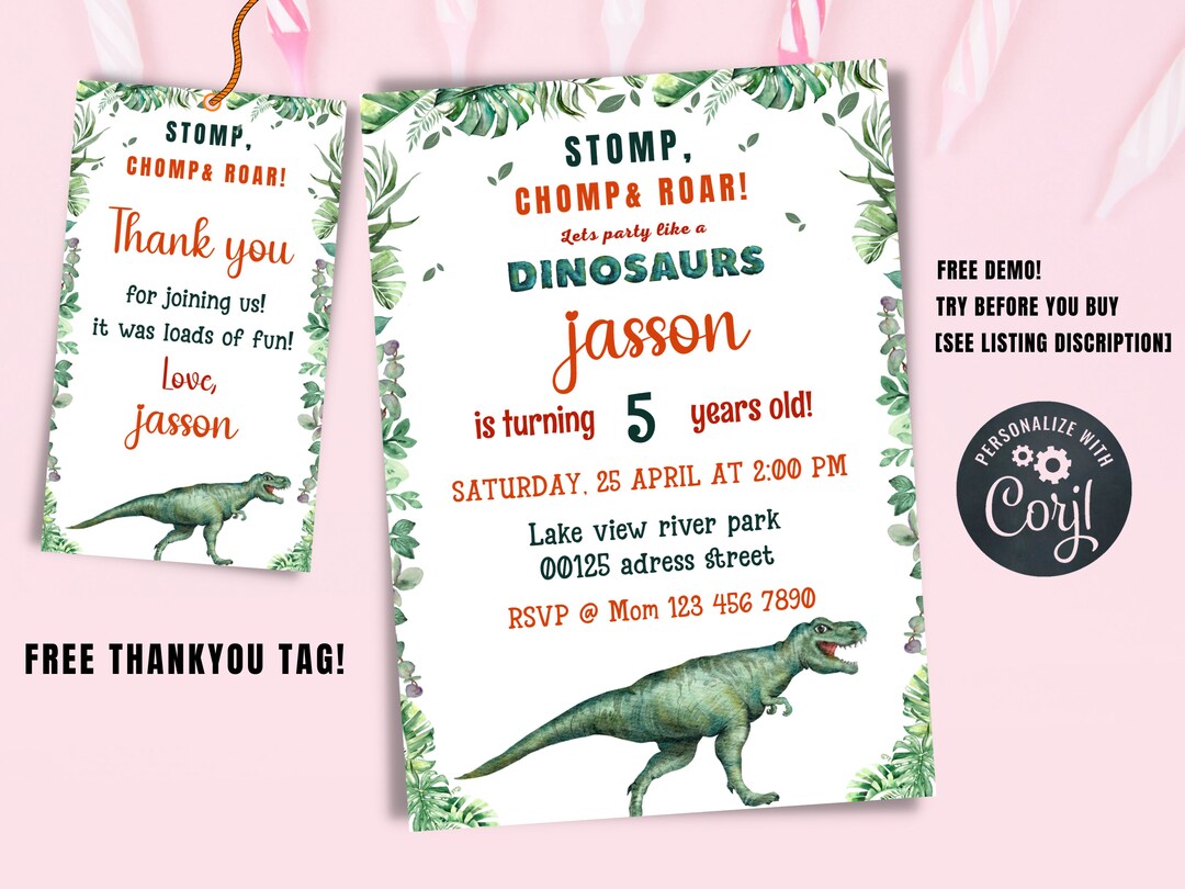 Editable Dinosaur Birthday Invitation Template, Dinosaur Party ...