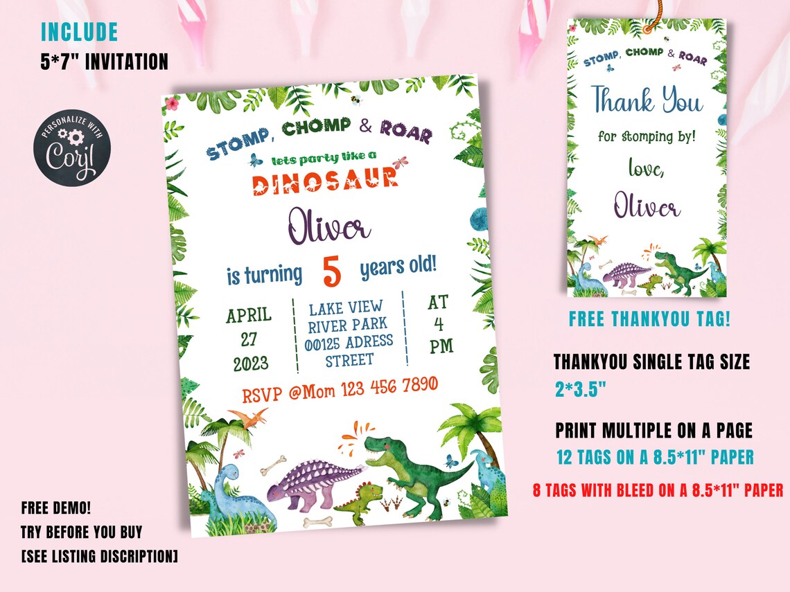 Editable Dinosaur Birthday Invitation Template, Dinosaur Party ...