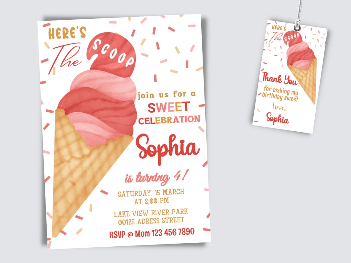 Editable Ice Cream Birthday Invitation, Ice Cream Party Invitation, 4th ...