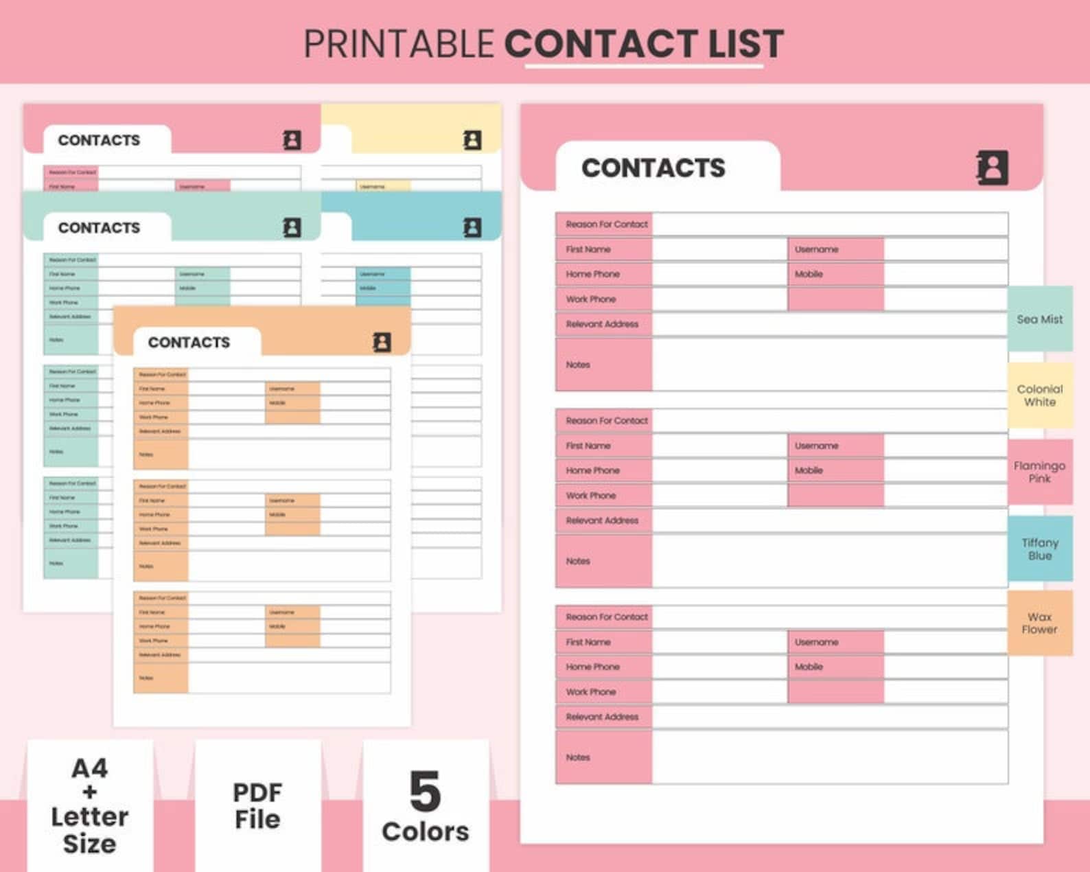 Printable Contact List Template PDF Address Book A4 and Letter Size ...